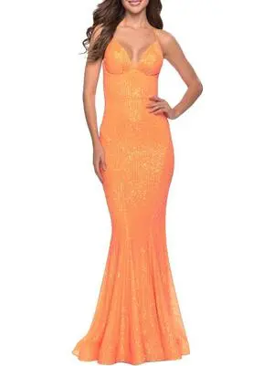 LABOMME Fitted Sequin Gown With Open Back - Orange