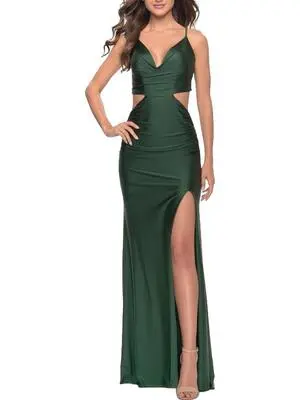 La Femme Jersey Prom Dress With Cutouts And Open Back - Emerald