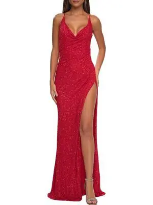 LABOMME Stretch Sequin Dress With Slit - Hot Coral