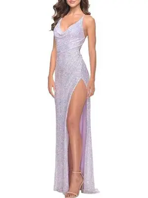 LABOMME Stretch Sequin Dress With Slit - Light Periwinkle