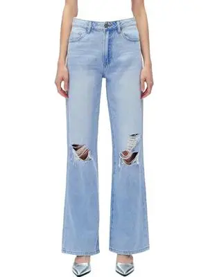 BAYEAS High-waist Wide Leg Jeans With Ripped Details - Sky Blue