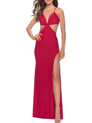 LABOMME Jersey Gown With Cut Outs And Tie Back - Red
