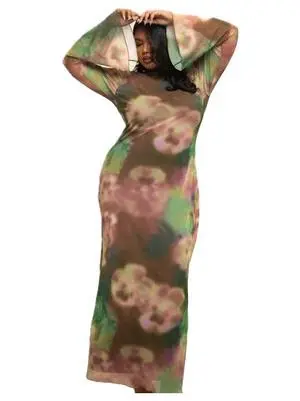 FASHION-SZN CURVE Floral Print Mesh Maxi Dress - Green