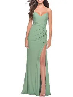 LABOMME Sheer Lace Side Panel Jersey Gown - Sage