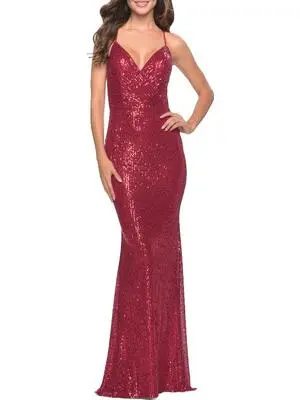 LABOMME Sequin Long Dress With V Neckline And Open Back - Red