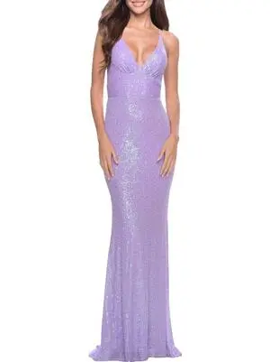 La Femme Sequin V-neck Gown With Lace-up Back - Periwinkle