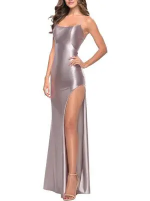 La Femme Fitted Liquid Jersey Dress With High Slit And Open Back Silver