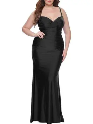 La Femme Ruched Jersey Gown With Lace-up Back - Black