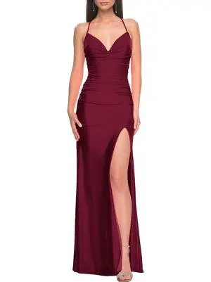 LABOMME Ruched Jersey Prom Dress With Slit - Dark Berry