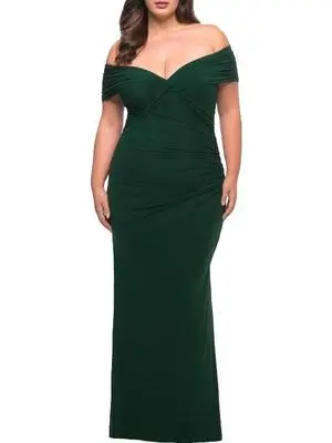 La Femme Long Net Jersey Plus Gown - Emerald