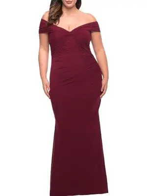 La Femme Long Net Jersey Plus Gown - Wine