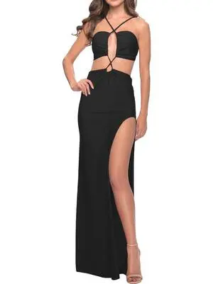 La Femme Jersey Gown With Cut Outs And Criss Cross Straps - Black