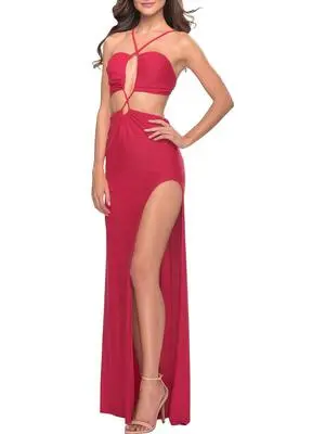 LABOMME Jersey Gown With Cut Outs And Criss Cross Straps - Red