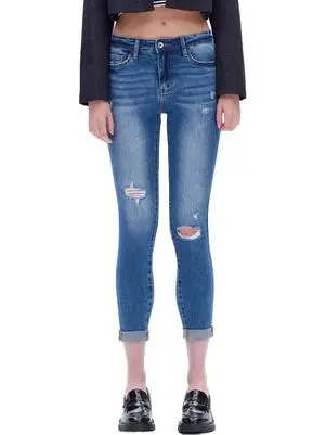 BAYEAS High-waist Cuffed Ankle Skinny Jeans - Medium Blue