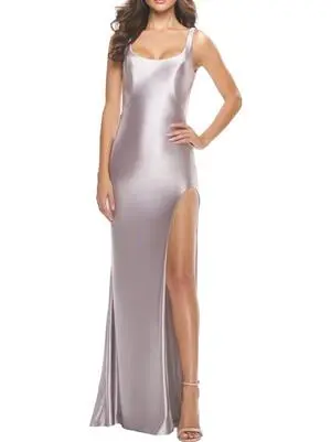 La Femme La Femme Liquid Jersey Fitted Dress With Slit Silver