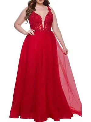 LABOMME Deep V-neck Tulle A-line Gown - Red