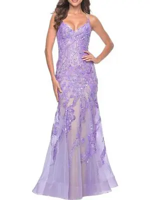 LABOMME Mermaid Sequin And Beaded Embellished Gown - Lavender