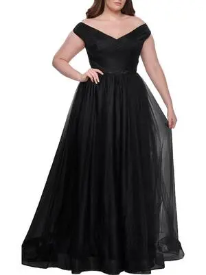 LABOMME A-line Tulle Off-the-shoulder Dress With Slit - Black