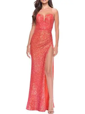 LABOMME Sequin Prom Gown With Ruching And Tie Back - Hot Coral