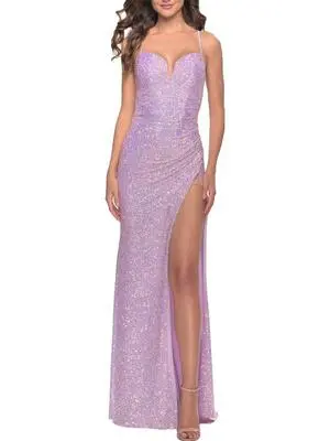 La Femme Sequin Prom Gown With Ruching And Tie Back - Light Periwinkle