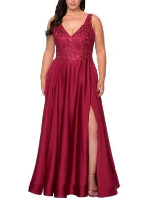 La Femme A-line Dress With Rhinestone Lace Bodice - Wine
