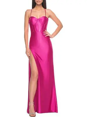 LABOMME Stretch Satin Gown With Bustier Top - Hot Fuchsia