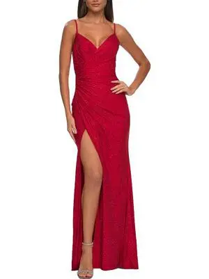 LABOMME Lace Applique Rhinestone Jersey Dress - Red