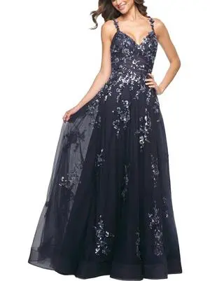 La Femme A-line Tulle Gown With Floral Sequin - Navy