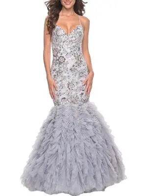 La Femme Mermaid Beaded Floral Gown - Silver