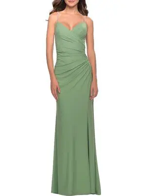 La Femme Long Ruched Jersey Gown With V-neckline - Sage
