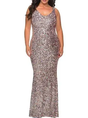 La Femme Floor Length Sequin Gown - Silver