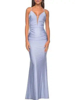 LABOMME Rhinestone Embellished Gown With Lace Appliqu - Light Periwinkle