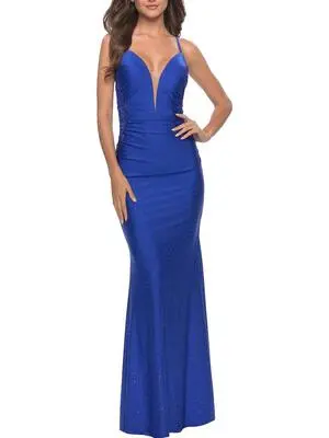 LABOMME Rhinestone Embellished Gown With Lace Appliqu - Royal Blue