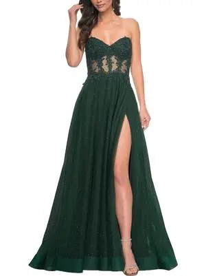 LABOMME Strapless Sweetheart Tulle Ballgown With Lace Illusion Bodice - Dark Emerald