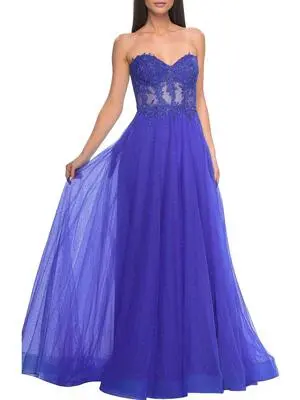 LABOMME Strapless Sweetheart Tulle Ballgown With Lace Illusion Bodice - Royal Blue