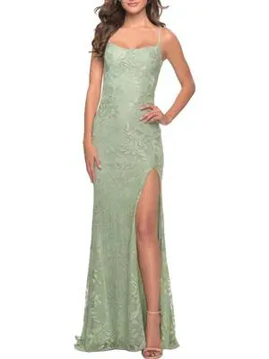 La Femme La Femme Stretch Lace Column Gown With Slit Sage