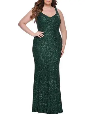 La Femme Fitted Stretch Sequin V-neck Dress - Emerald
