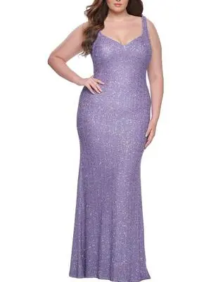 La Femme Fitted Stretch Sequin V-neck Dress - Periwinkle