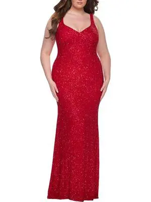 La Femme Fitted Stretch Sequin V-neck Dress - Red