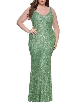 La Femme Fitted Stretch Sequin V-neck Dress - Sage