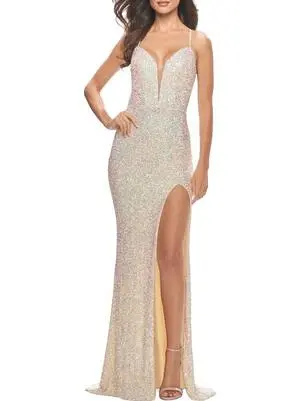 LABOMME Sequin Gown With Deep V-neck And Open Back - Champagne