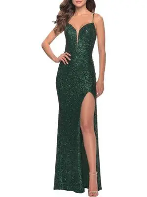La Femme Sequin Gown With Deep V-neck And Open Back - Emerald