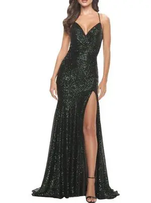 LABOMME Sequin Gown With Flare Skirt And Slit - Dark Emerald