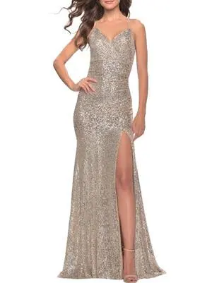 La Femme Sequin Gown With Flare Skirt And Slit - Silver