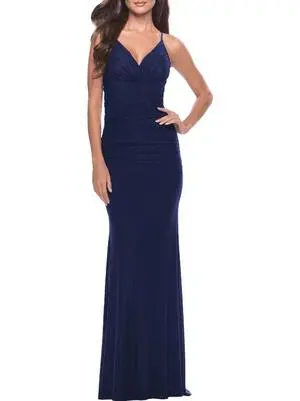 La Femme Long Net Jersey Dress With Illusion Waist - Navy