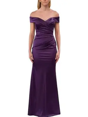 LABOMME Off-the-shoulder Stretch Satin Evening Gown - Eggplant