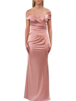 LABOMME Off-the-shoulder Stretch Satin Evening Gown - Mauve