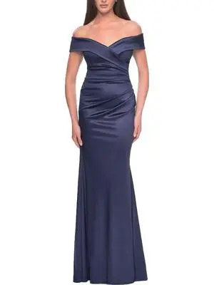 La Femme Off-the-Shoulder Stretch Satin Evening Gown Navy