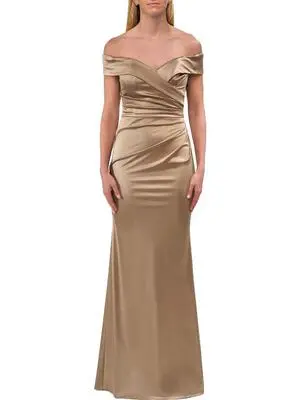 LABOMME Off-the-shoulder Stretch Satin Evening Gown - Pewter