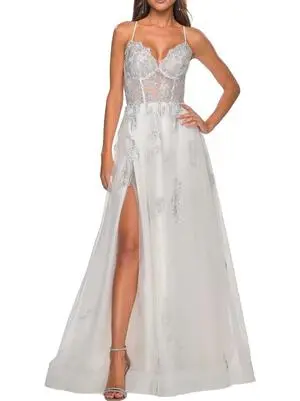 LABOMME A-line Tulle Gown With Lace Applique - White